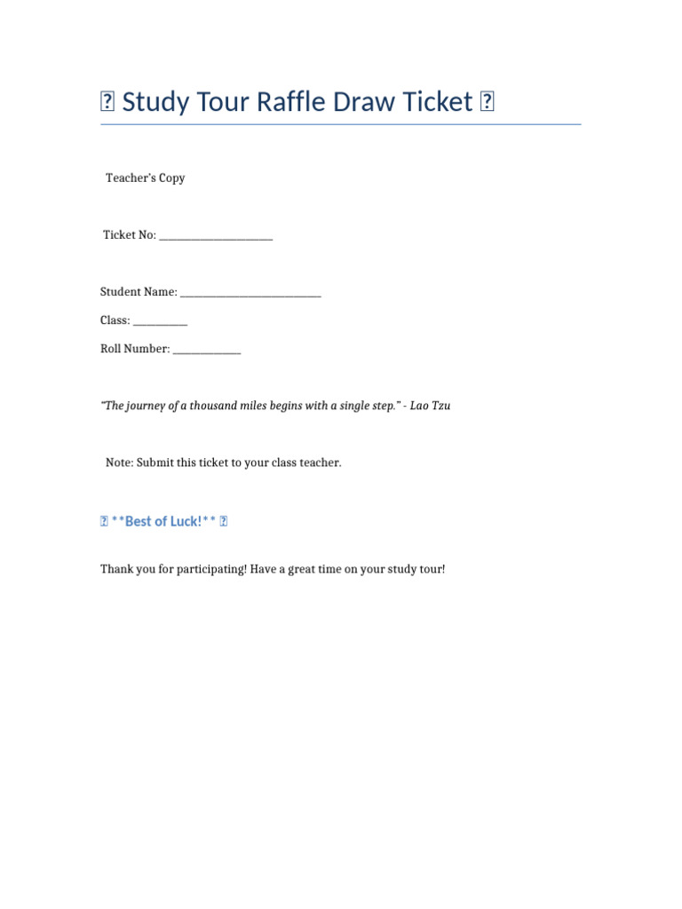 Teacher's Study Tour Raffle Ticket | PDF