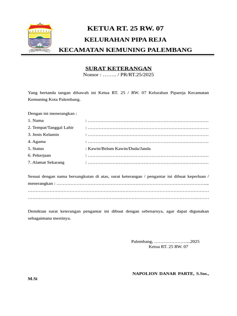 Surat Keterangan RT 25 RW 07 | PDF