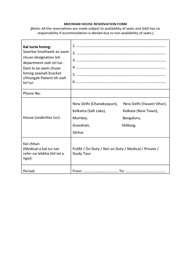 Pages 81 Mizoram House Reservation Form | PDF