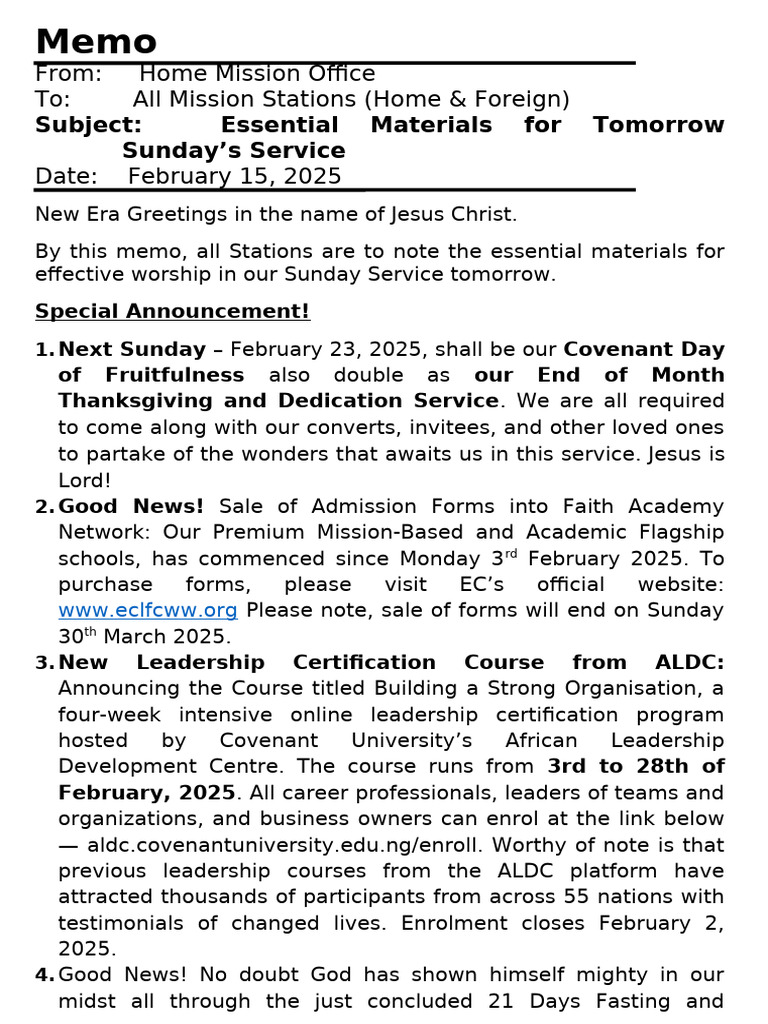 Memo Essential Materials For Tomorrow's Sunday Service 15022025 | PDF