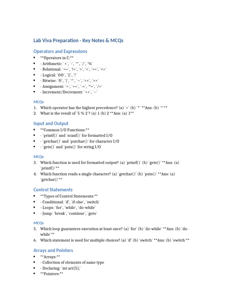 Lab Viva Notes MCQs | PDF | Pointer (Computer Programming) | Computer ...