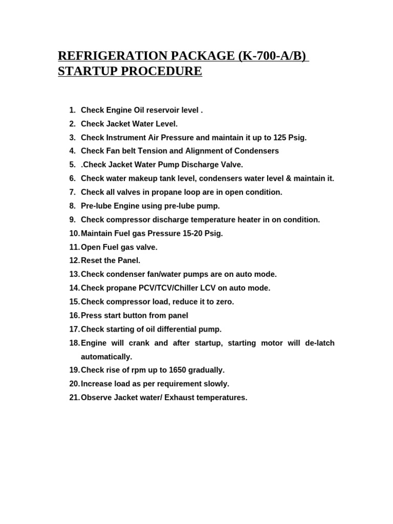 Refrigeration Package Startup Procedure | PDF