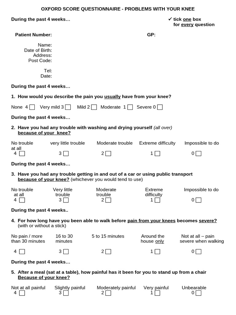 Oxford Knee Score Questionnaire | PDF | Medical Specialties | Clinical ...