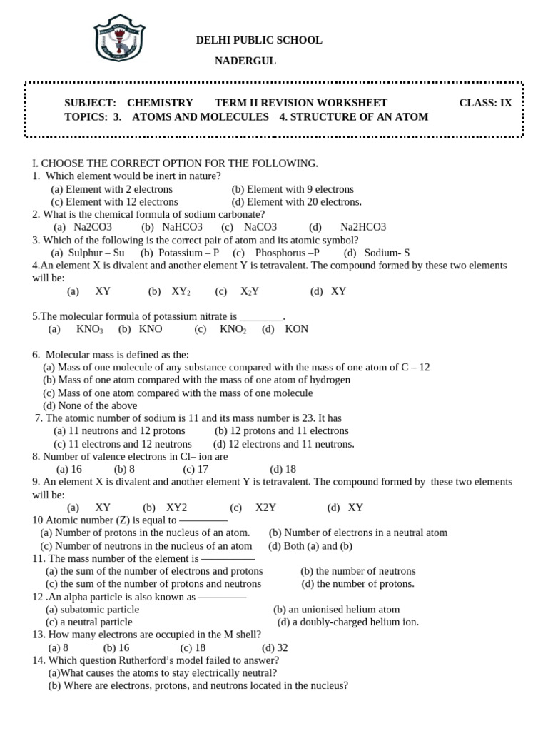Grade - 9 - TH Term Ii Chemistry Revision Worksheet | PDF | Atoms | Ion