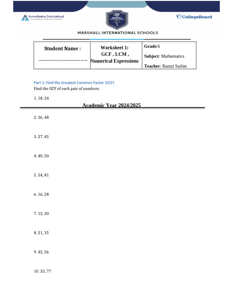 GCF and LCM Worksheet for Grade 6 | PDF
