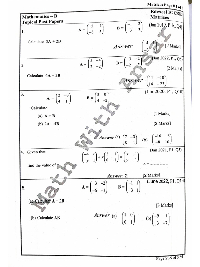 Matrices Past Papers (New) | PDF