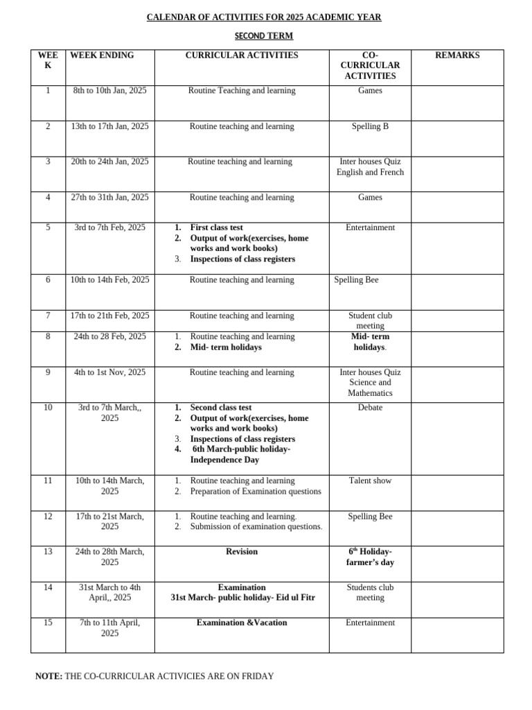 CALENDAR OF ACTIVITIES FOR 2024, Fridays | PDF