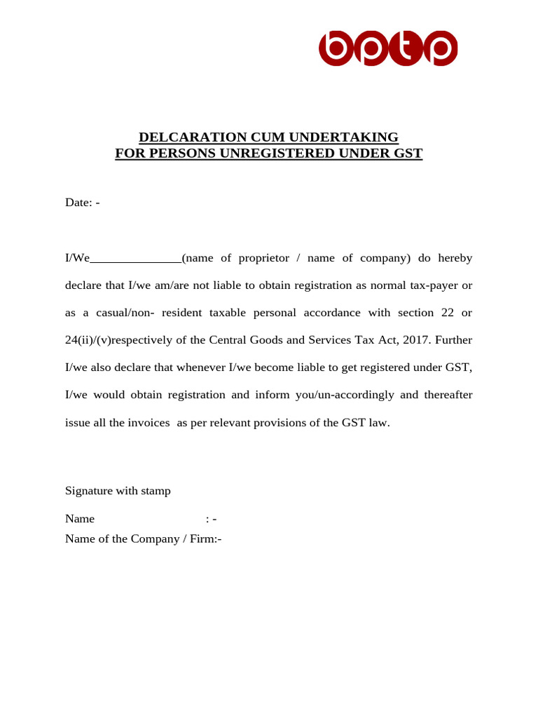 GST Declaration for Unregistered Persons | PDF