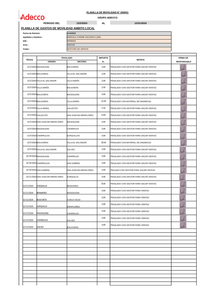 Planilla de Movilidad | PDF