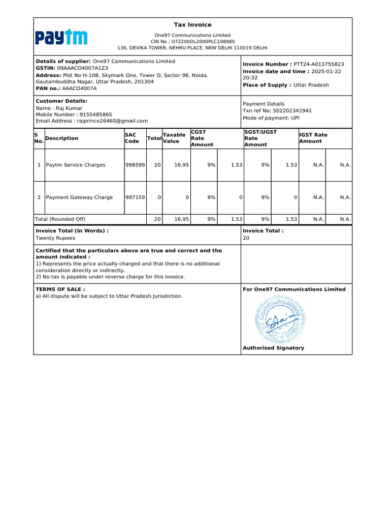 One97 Communications Tax Invoice Details | PDF | Invoice | Taxes