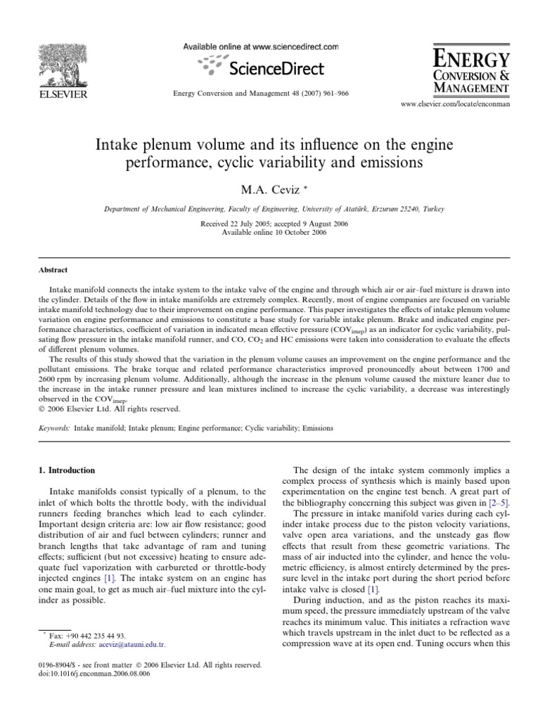 Intake Plenum Volume and Its Influence On Engine Performance | PDF ...