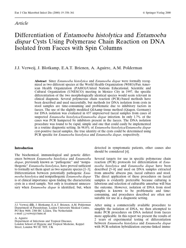 PCR Differentiation of Entamoeba Cysts | PDF | Polymerase Chain ...