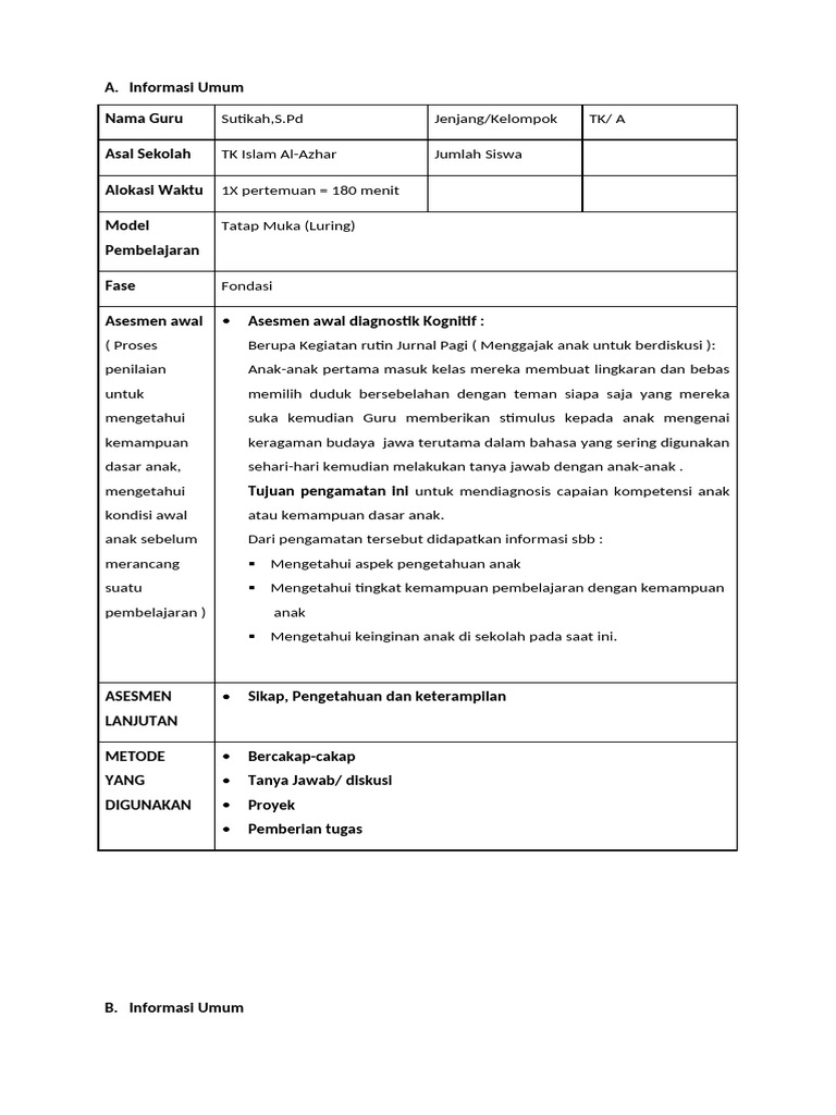 Modul Ajar Kel.a TK Al Azhar 2023 | PDF