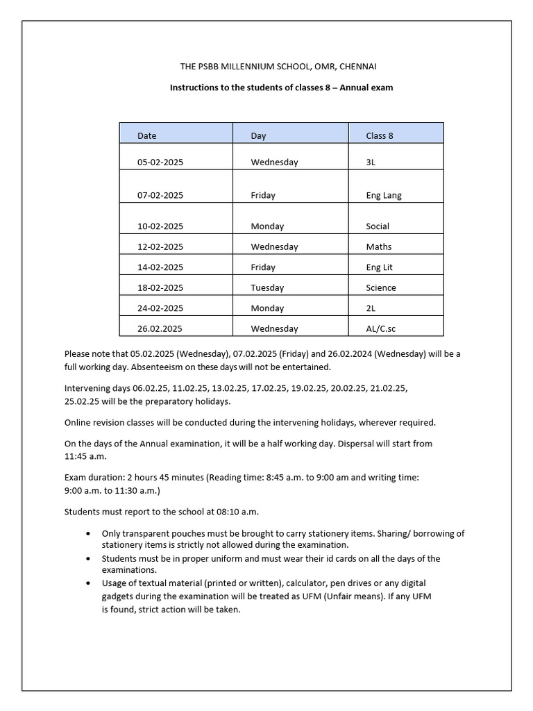 Class 8 Instructions For Annual Exam | PDF