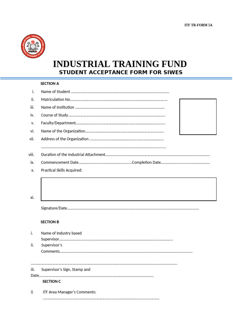 ITF Student Acceptance Form For SIWES | PDF