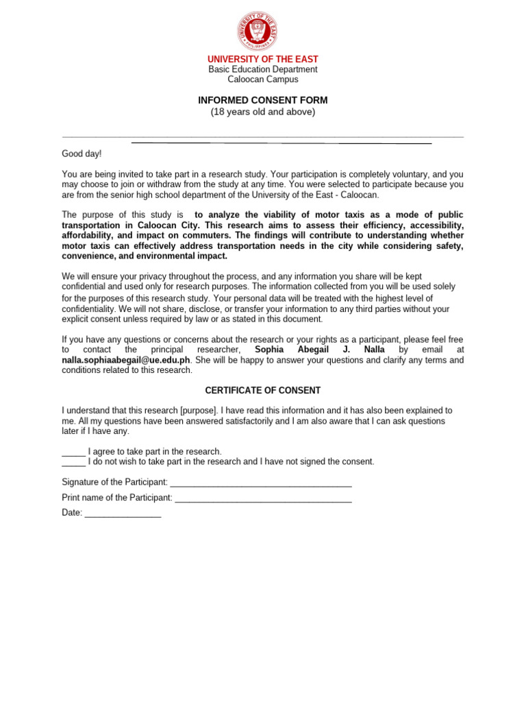 Motor Taxi Viability Research Consent Form | PDF | Transport | Public ...