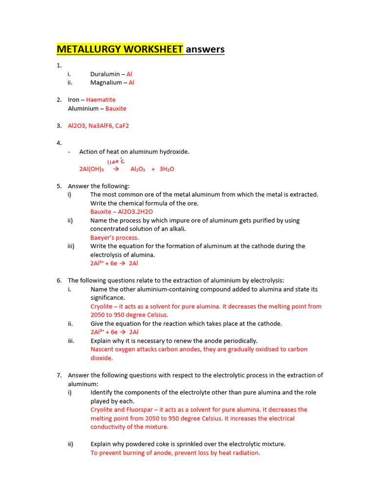 METALLURGY WORKSHEET Answers | PDF | Aluminium | Aluminium Oxide