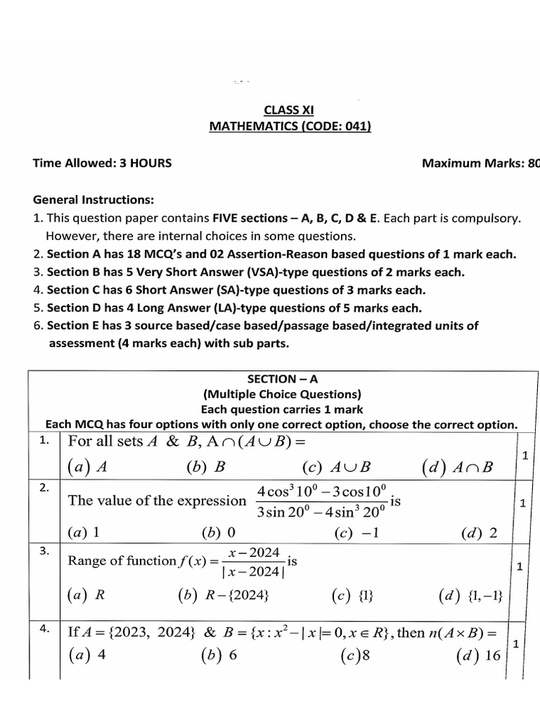 11th Maths Preboard | PDF
