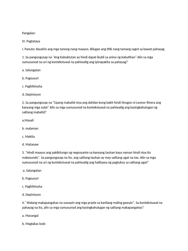 IV. Pagtataya NMT 1 | PDF