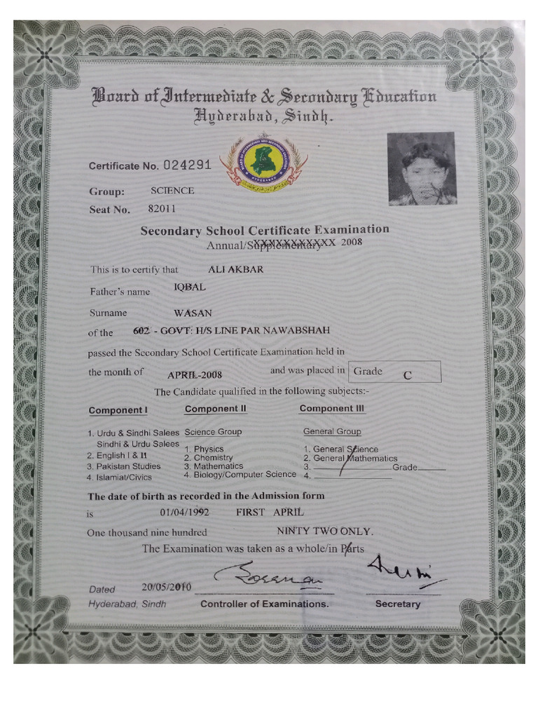 Matriculation Certificate | PDF