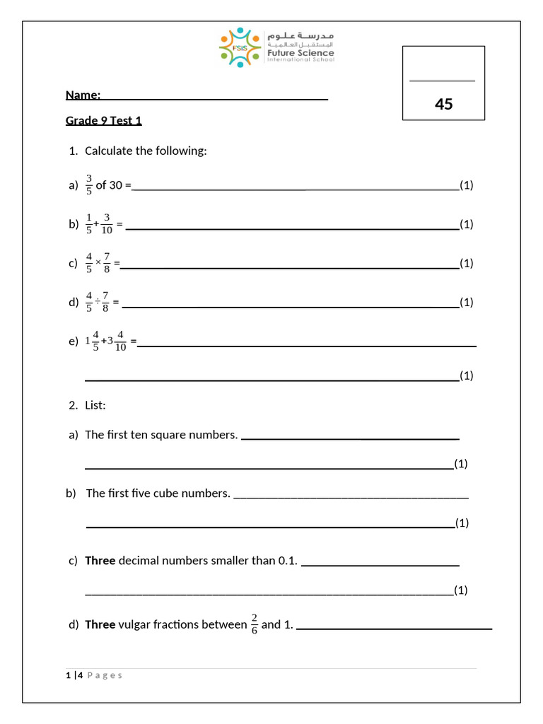 Gr 9 IGCSE - Test 1 | PDF | Mathematics | Mathematical Notation