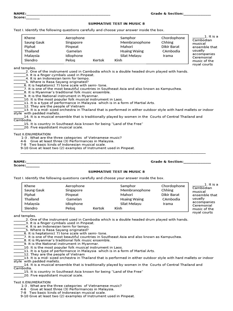 Summative Test in Music 8 | PDF | Cambodia | Southeast Asia