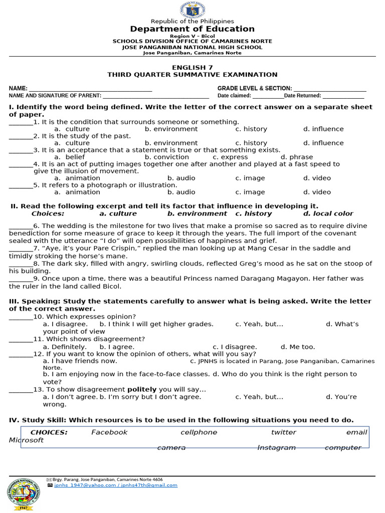 SUMMATIVE EXAM THIRD QUARTER - Grade 7 | PDF | Lancelot | King Arthur