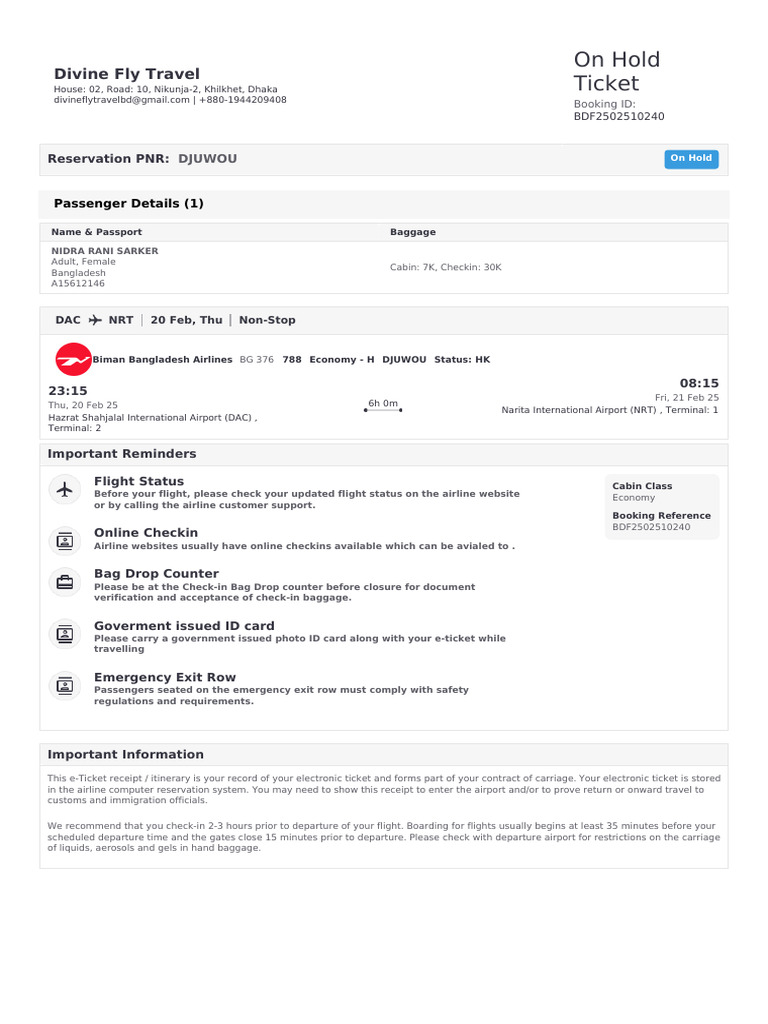 Flight Booking Confirmation: Biman BG 376 | PDF | Aviation | Transport