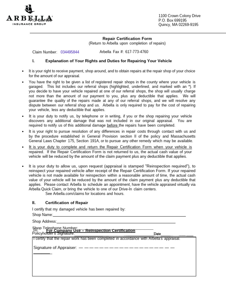 Repair Certification Form | PDF