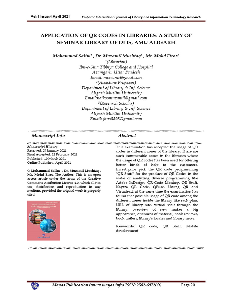APPLICATION_OF_QR_CODES_IN_LIBRARIES_A_STUDY_OF_SE | PDF | Qr Code ...