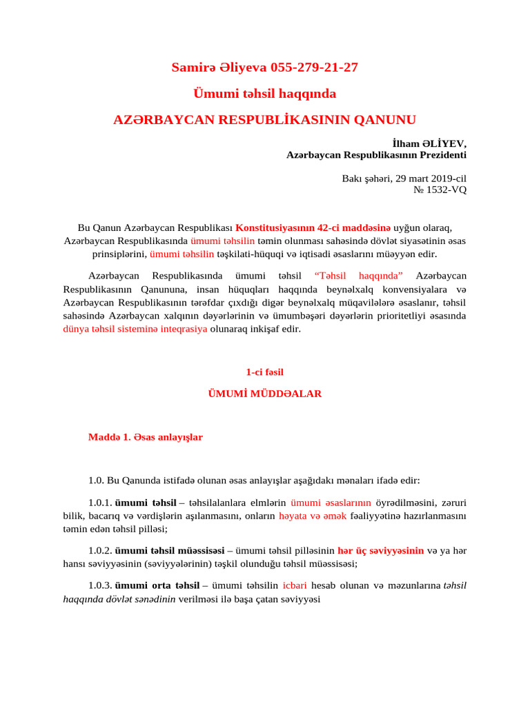 Ümumi Təhsil Haqqında Qanun | PDF