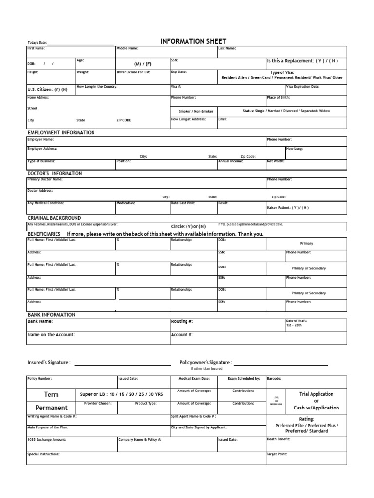 Comprehensive Personal Information Sheet | PDF