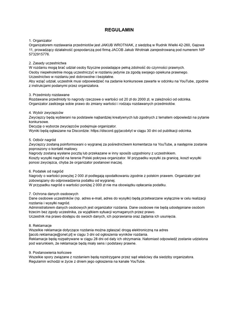 Regulamin Jacob | PDF