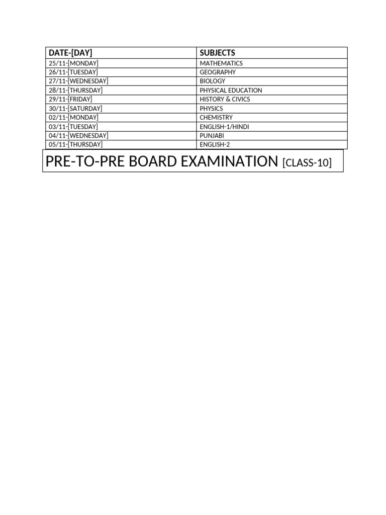 Date Sheet Pre To Pre Board | PDF