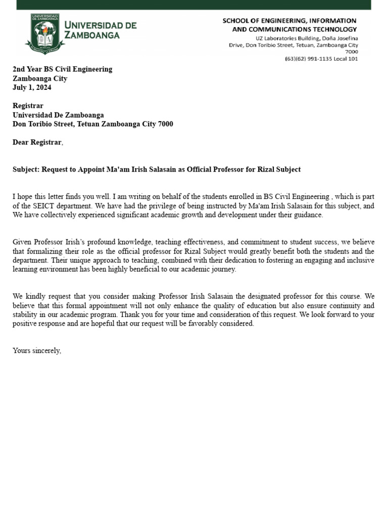 Request Letter For Registrar - Rizal | PDF