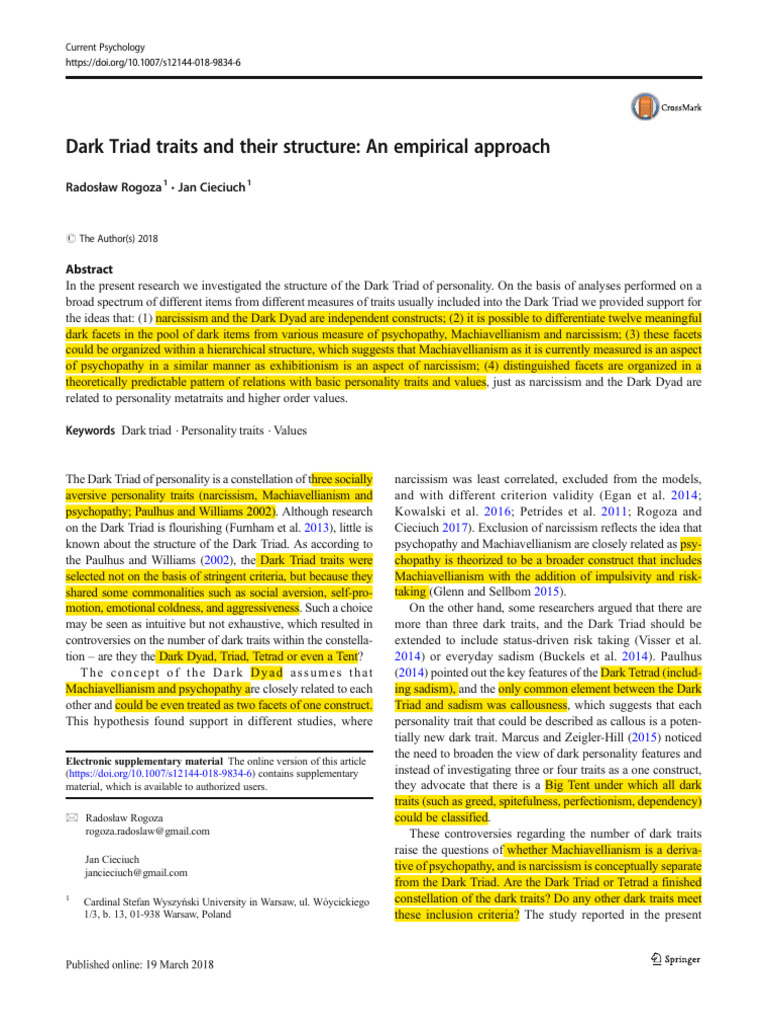 Dark Triad Traits: Structure and Analysis | PDF | Dark Triad | Psychopathy