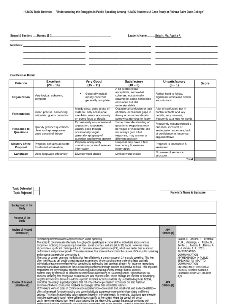 HUMSS Title Defense Rubric Proposal 1 1 | PDF | Fear | Anxiety