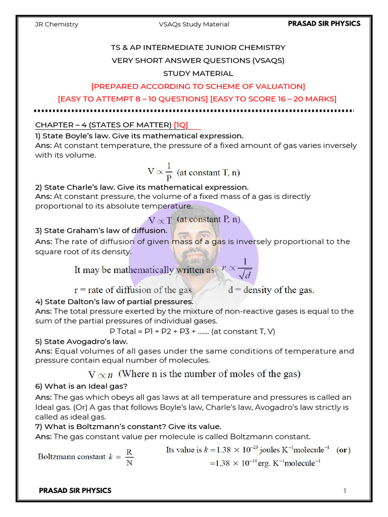 Junior Chemistry VSAQs Study Guide | PDF | Gases | Chemical Equilibrium
