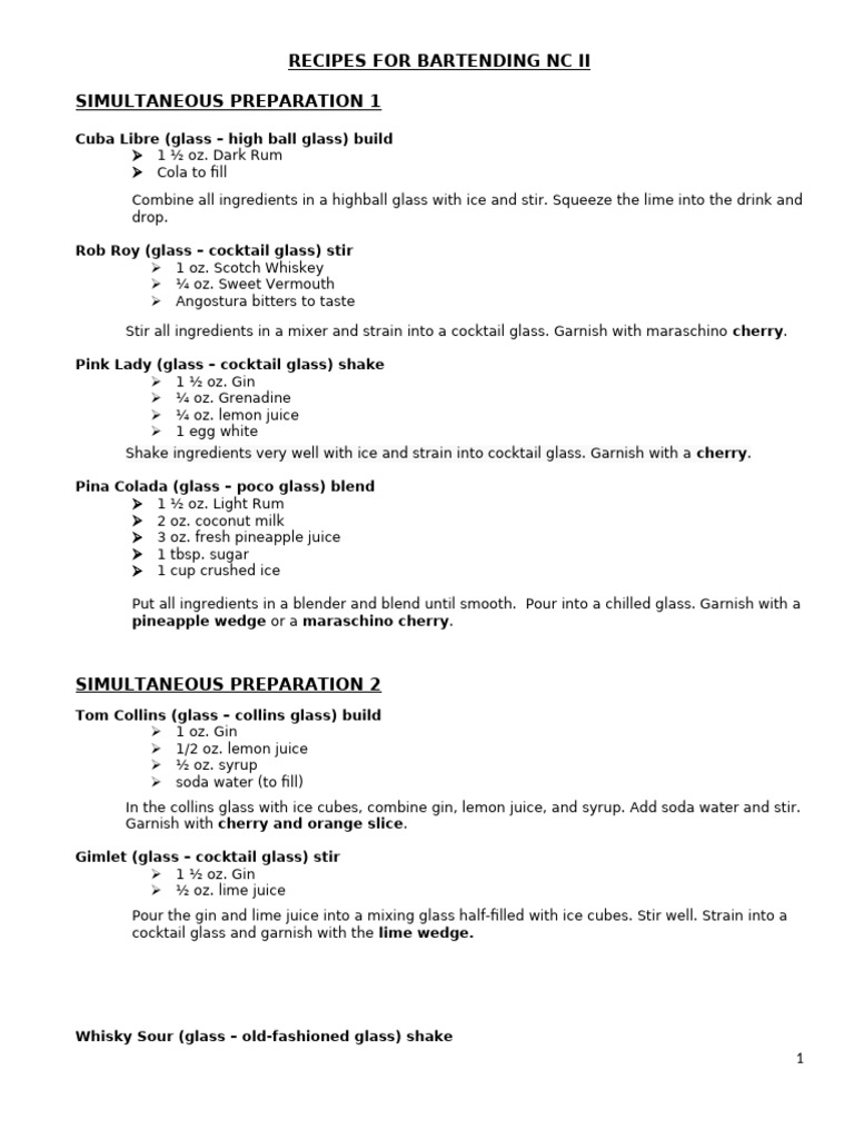 Recipes For Bartending NC II | PDF | Martini (Cocktail) | Alcoholic Drinks