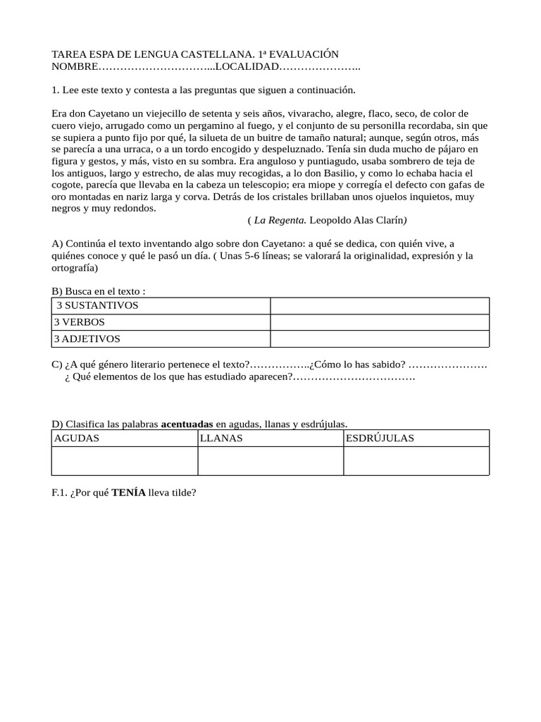 TAREA DE LENGUA ESPA 2024 1ª EVAL | PDF