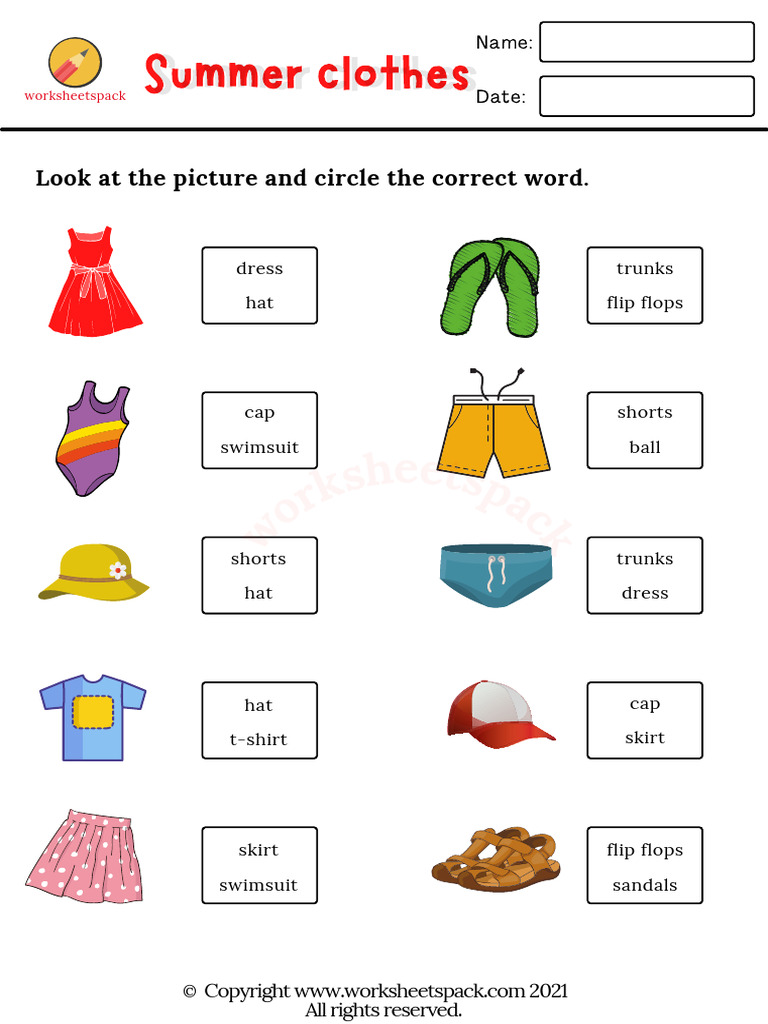 Summer Clothes Worksheets Circle The Correct Word | PDF