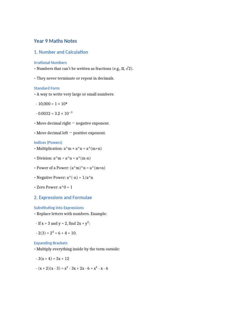 Year 9 Mathematics Revision Notes | PDF