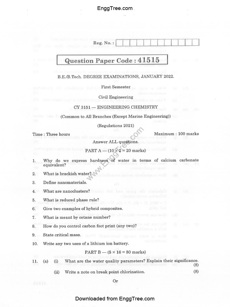 CY3151 Engineering Chemistry Jan 2022 Question Paper Download | PDF