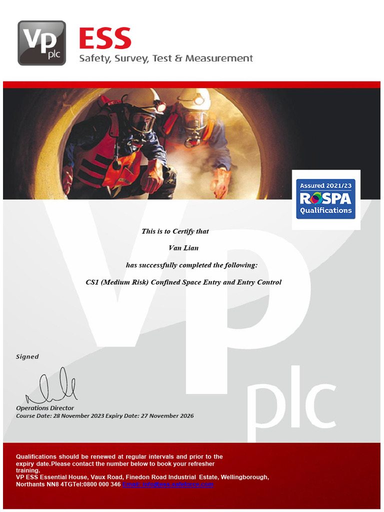 Van Lian - Confined Space - New ROSPA Certificate Template ESS November 2023 | PDF