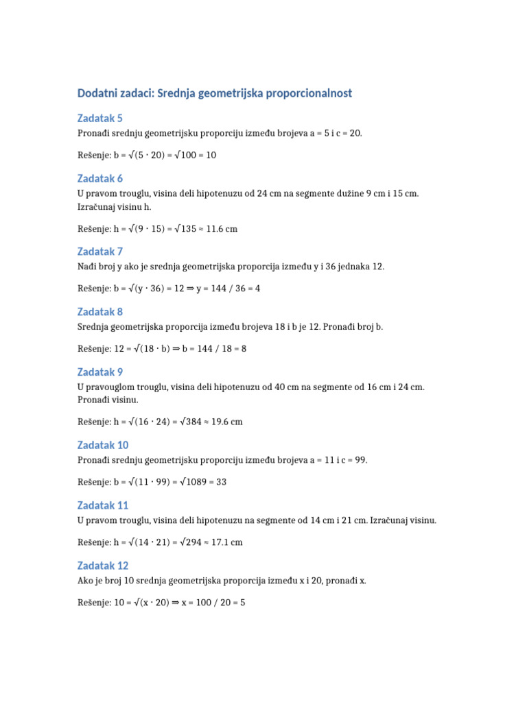 Dodatni Zadaci Srednja Geometrijska Proporcionalnost | PDF