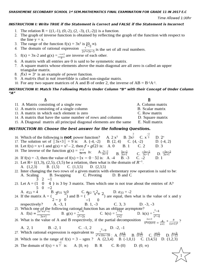 Maths G11 First Sem Final 2017 | PDF | Matrix (Mathematics) | Function (Mathematics)