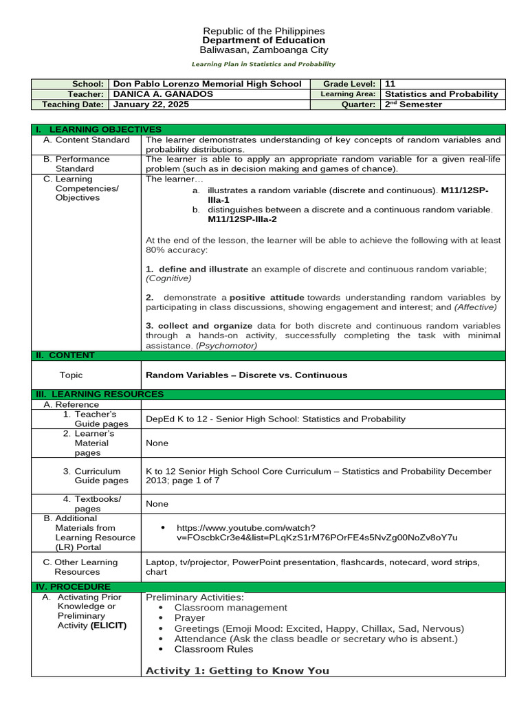 LESSON PLAN FINAL - G11 Stat and Probalility-Random Variable | PDF | Probability Distribution ...