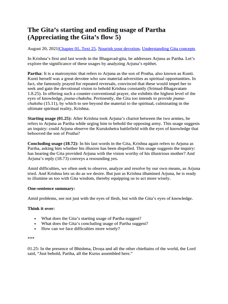 The Gita's Starting and Ending Usage of Partha | PDF