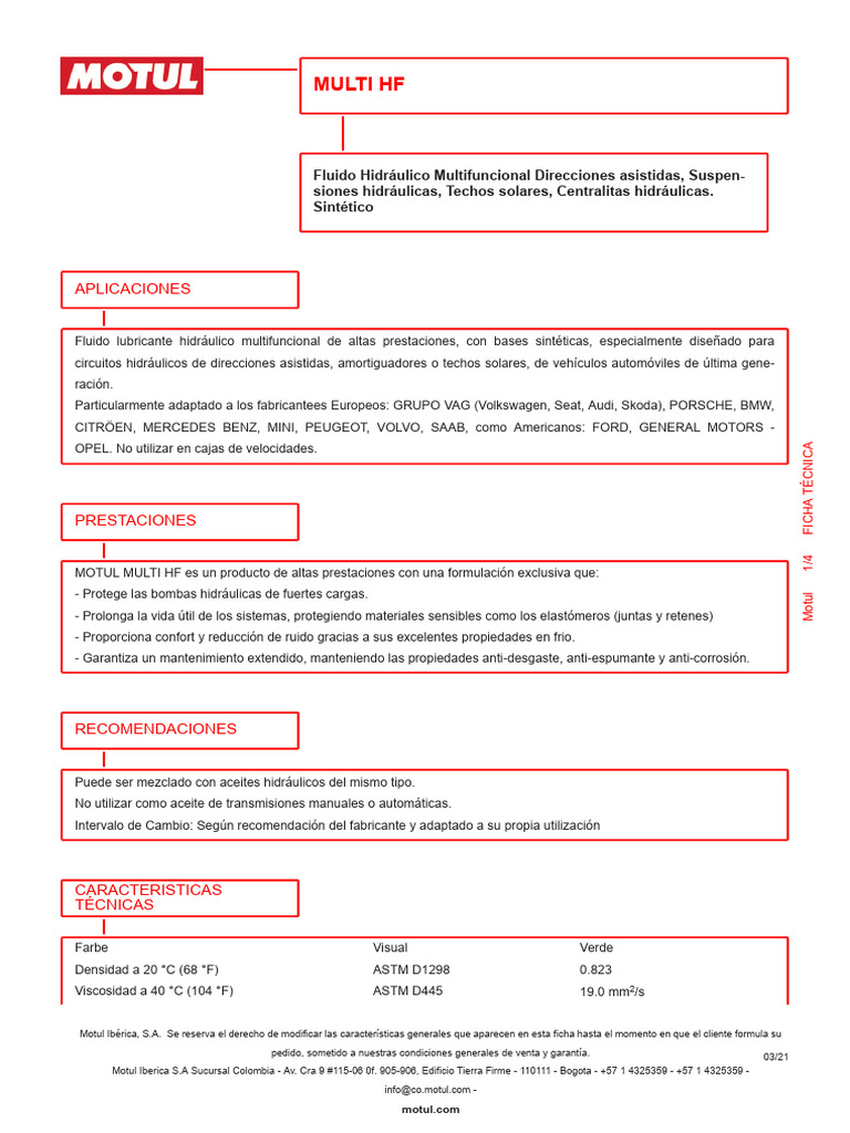 Fluido Hidráulico Sintético Motul HF | PDF | Grupo Volkswagen ...