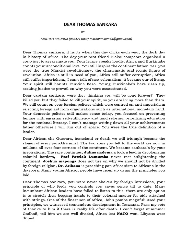 Dear Thomas Sankara | PDF | Burkina Faso | International Relations